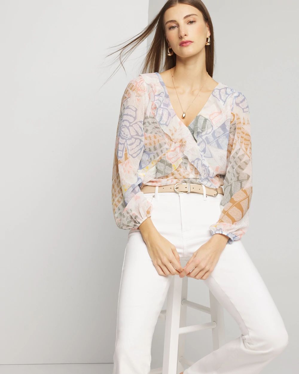 Long Sleeve V-Neck Ruffle Front Blouse | White House Black Market