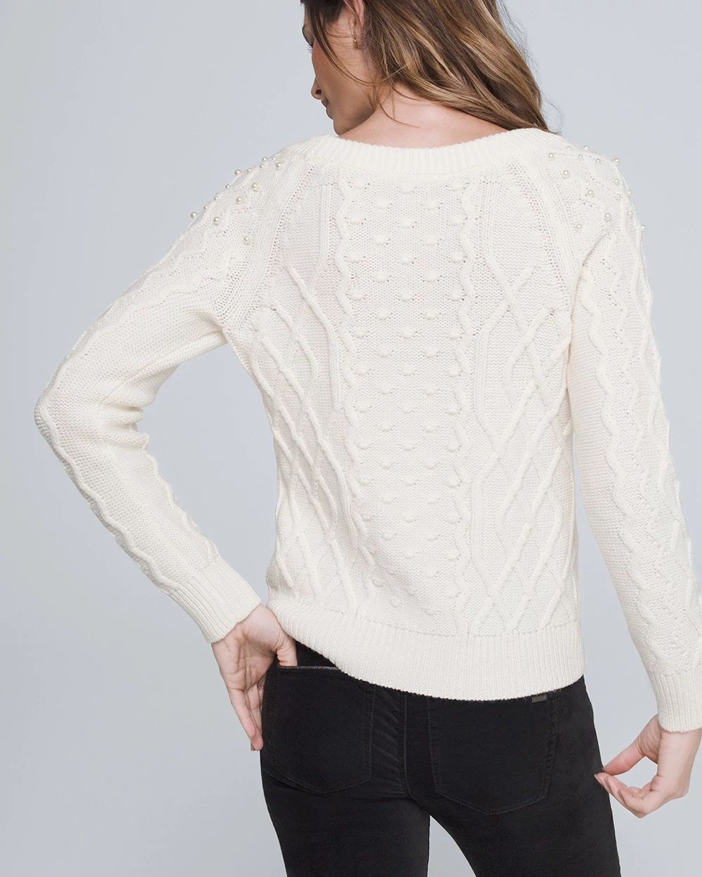 Faux Pearl-Trim Cable-Knit Sweater | White House Black Market