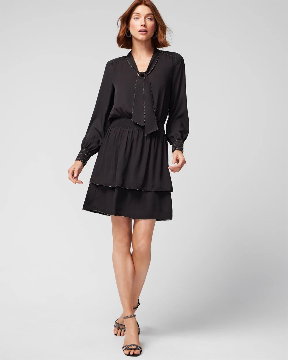 Long Sleeve Beaded Smocked Blouson Dress | White House Black Market