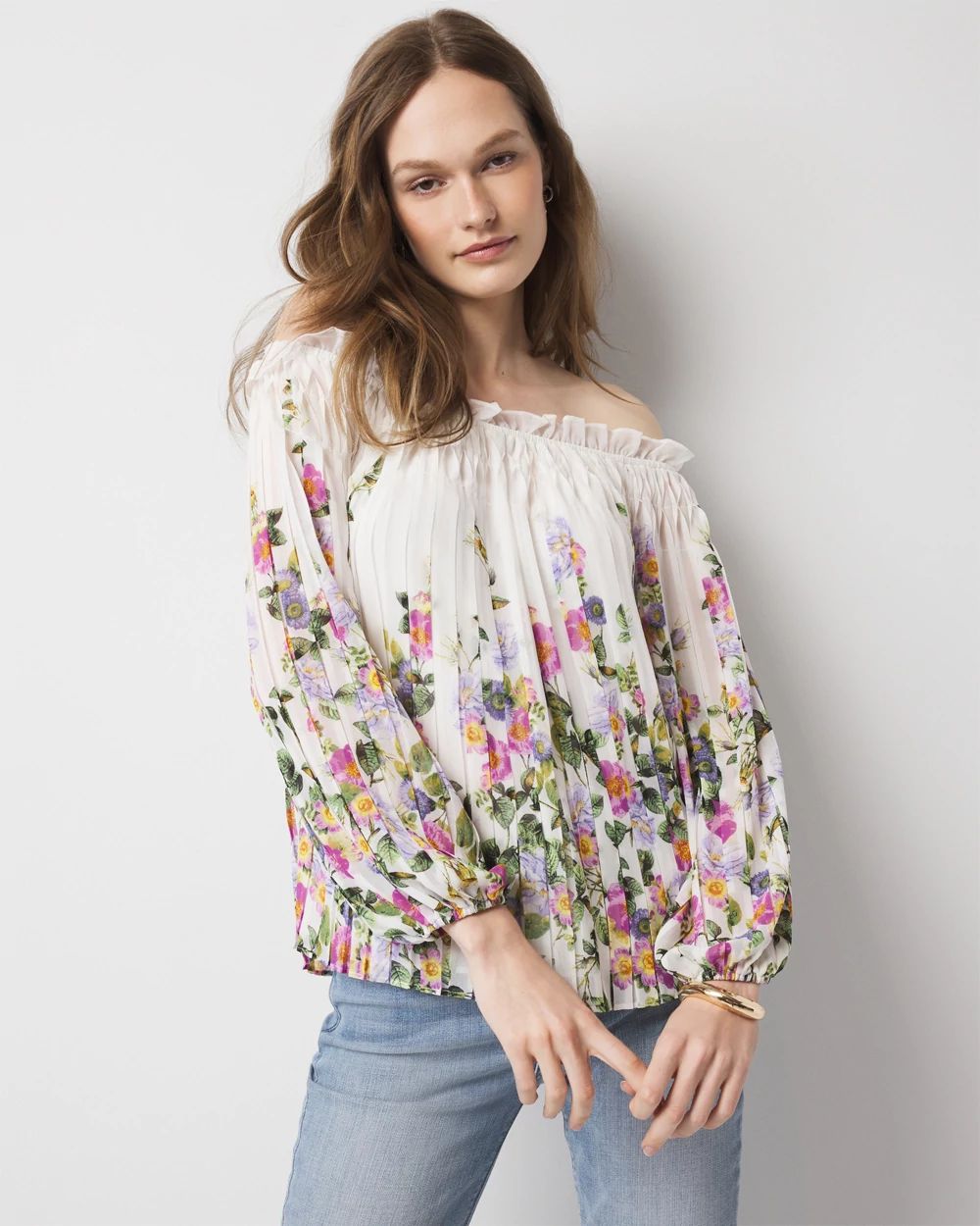 Off-the-Shoulder Floral Pleated Blouse | White House Black Market