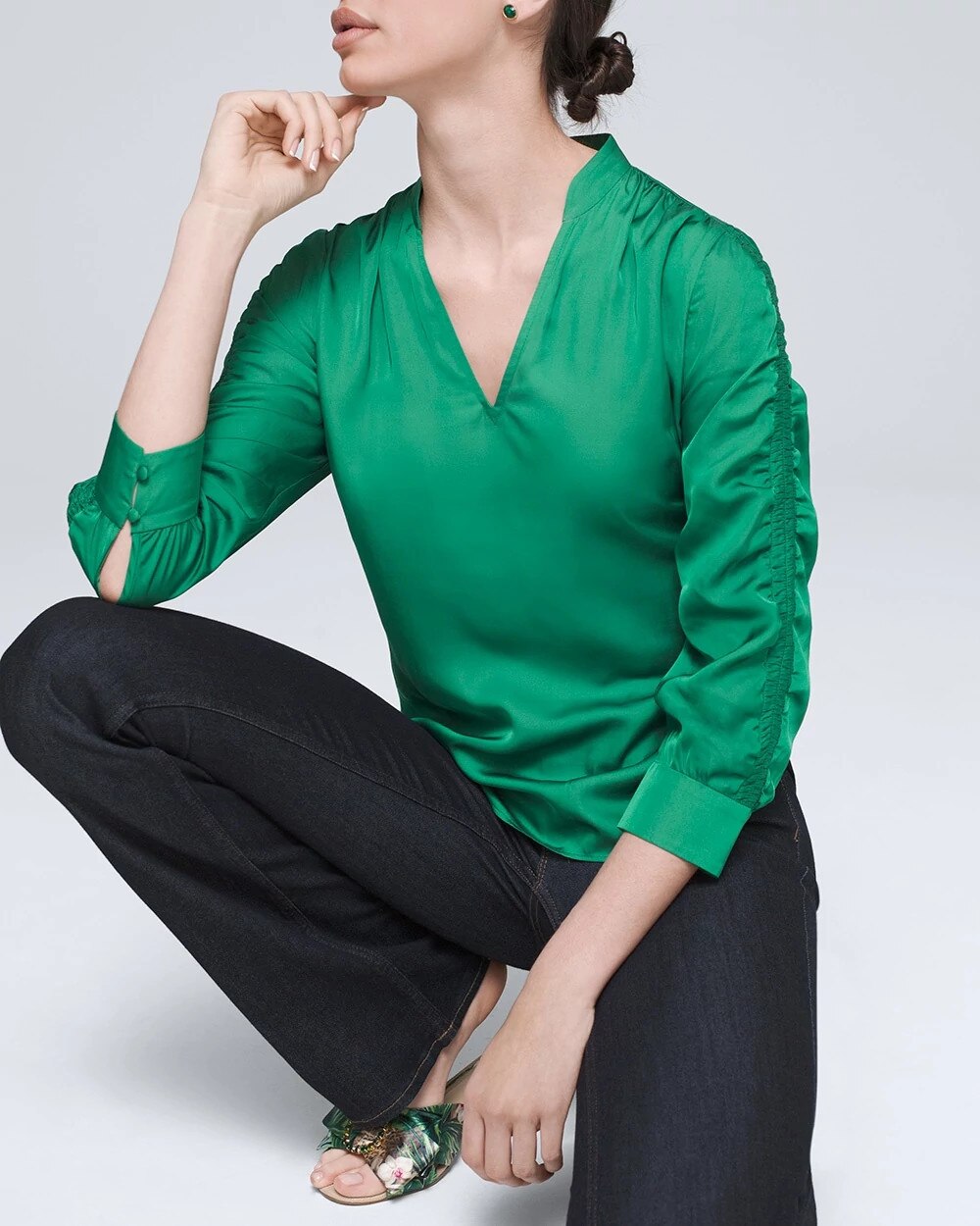 Three-Quarter Smocked Sleeve Top | White House Black Market