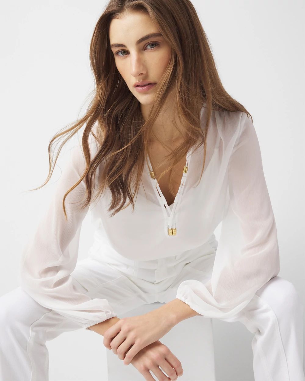 Sheer Beaded Trim Blouse | White House Black Market