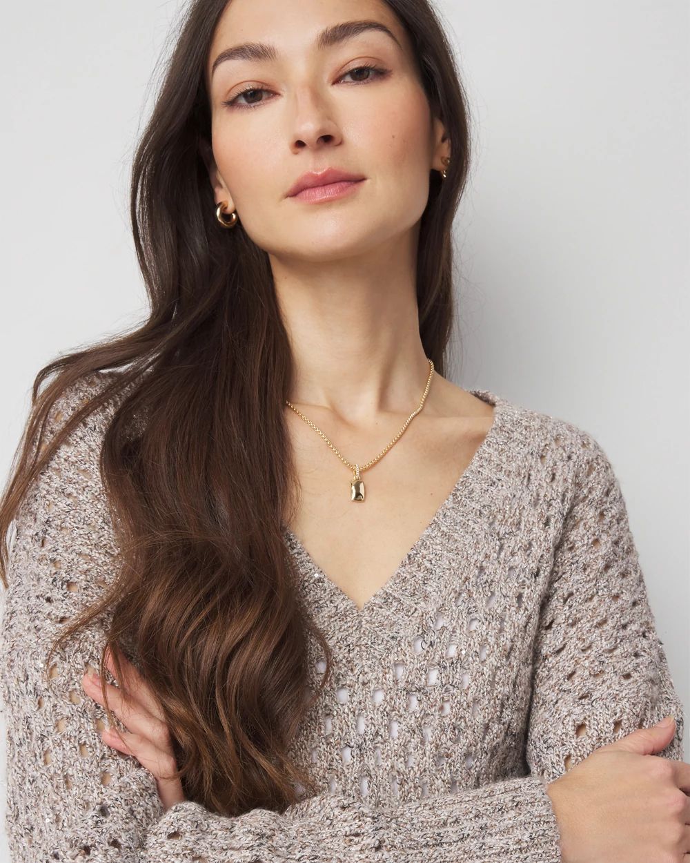 V-Neck Open Stitch Sequin Sweater | White House Black Market