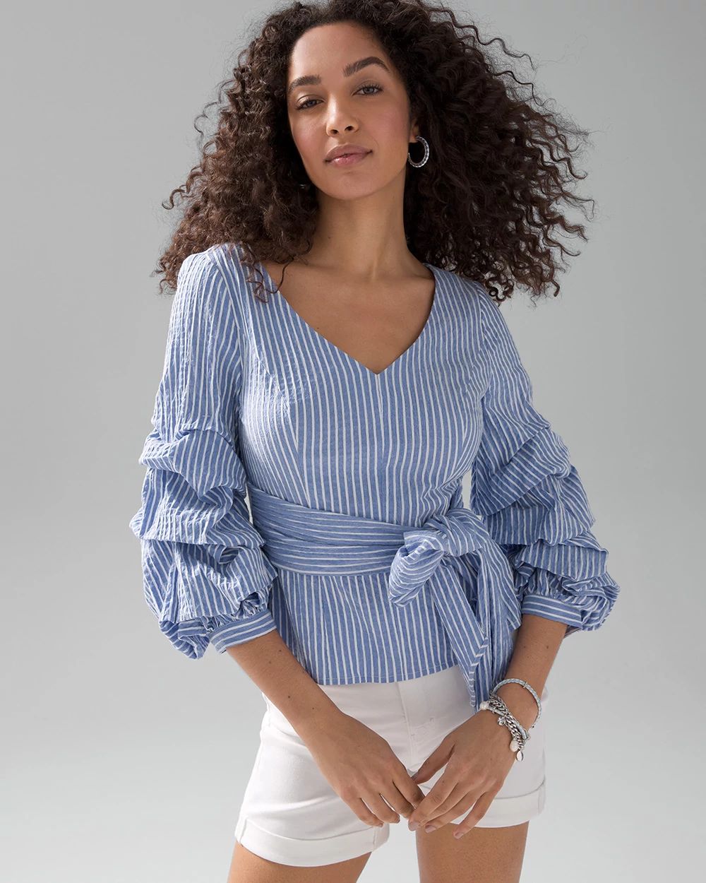 Petite Ruffle Sleeve Seersucker Blouse | White House Black Market