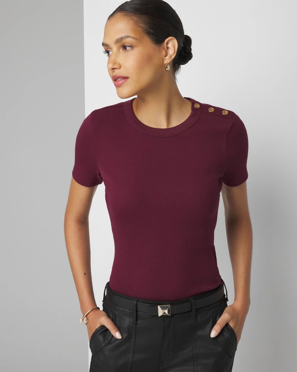 WHBM FORME™ Ribbed Stretch Button Shoulder Tee | White House Black Market