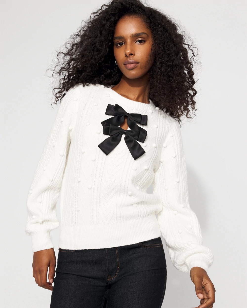 Petite Satin Bow Cable Knit Sweater | White House Black Market