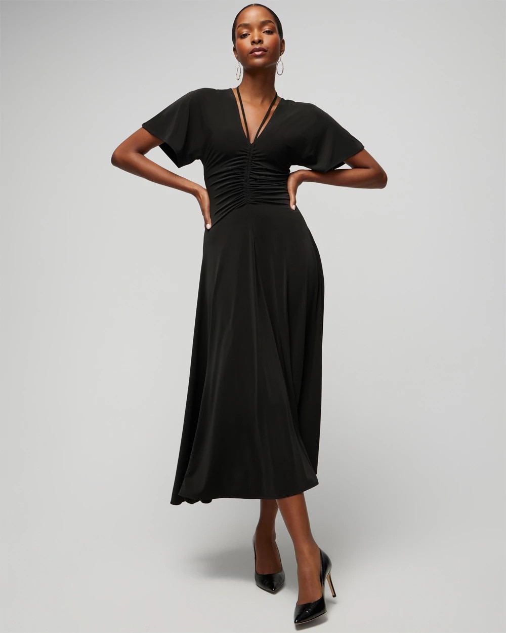 Short-Sleeve Ruched Front Midi Dress | White House Black Market
