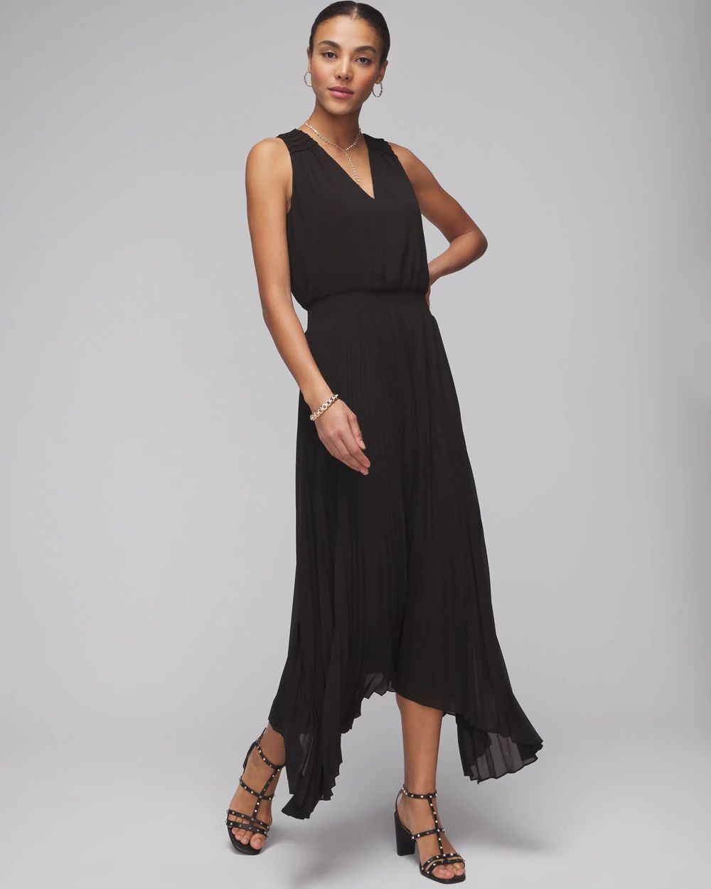 Sleeveless Smocked V-Neck Pleated Midi Dress | White House Black Market