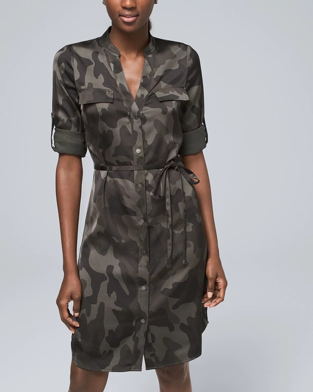 Petite Camo Satin Shirt Dress | White House Black Market