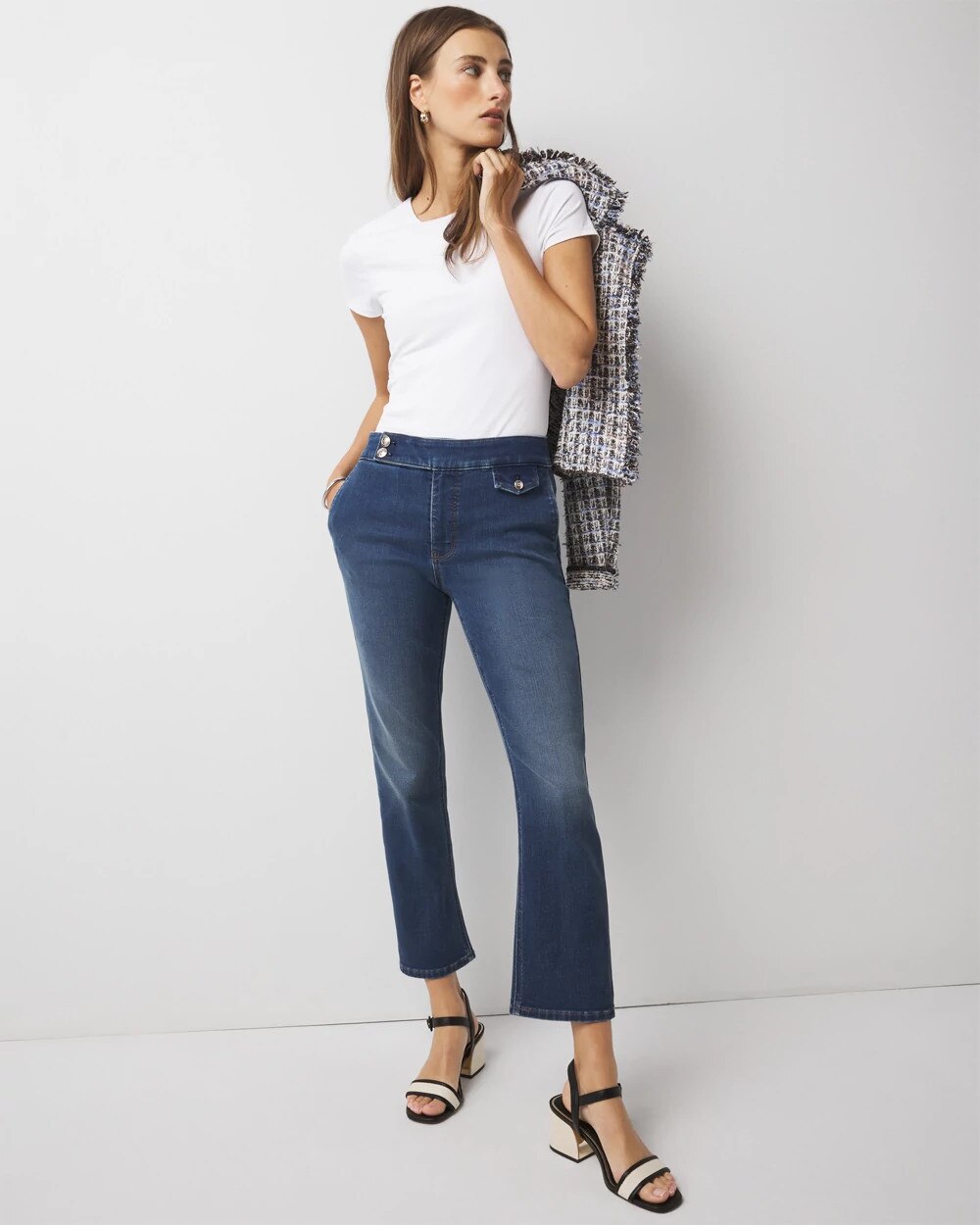 High-Rise Tab Detail Kick Flare Cropped Jean | White House Black Market