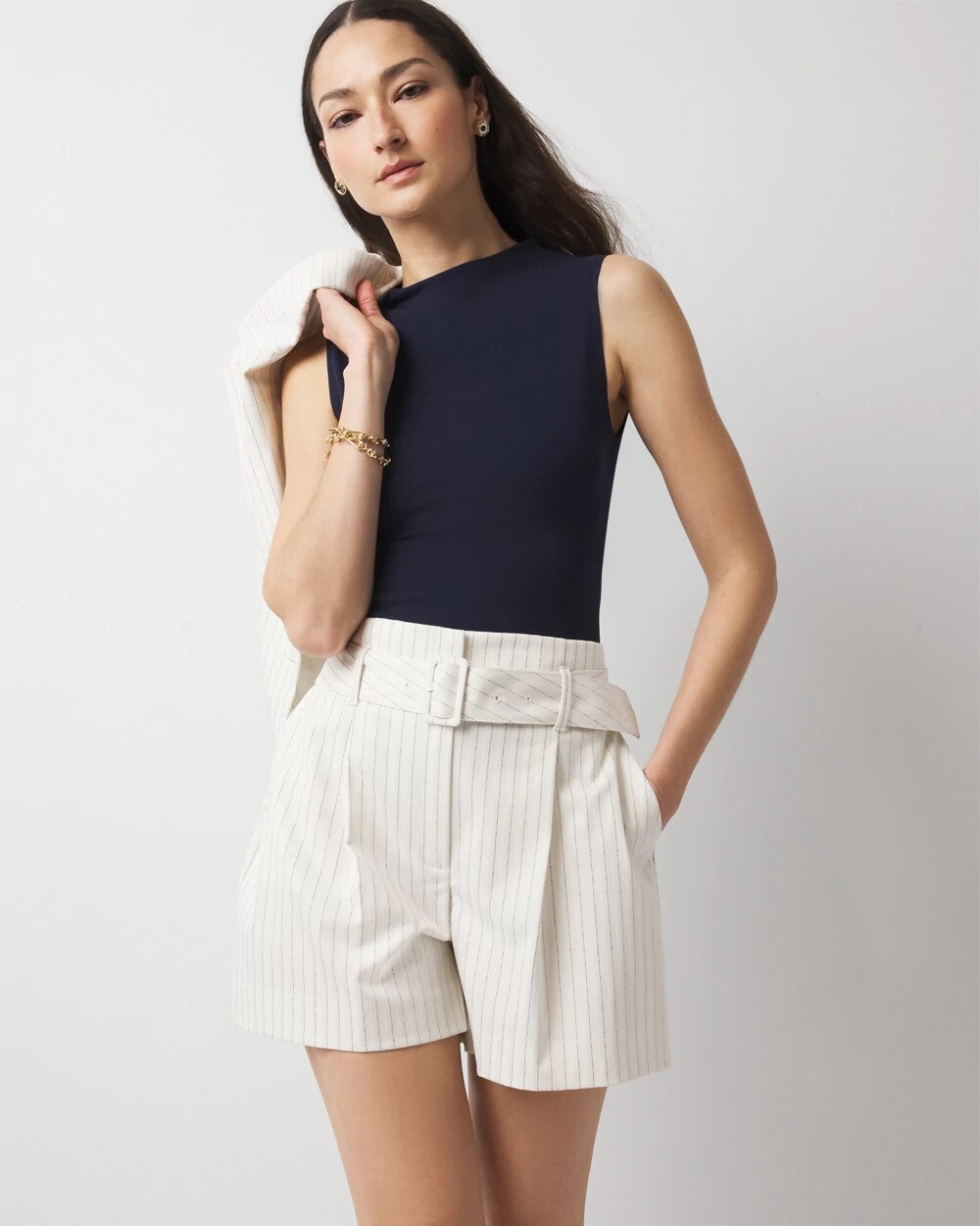 Petite Extra High-Rise Pinstripe Belted Short | White House Black Market