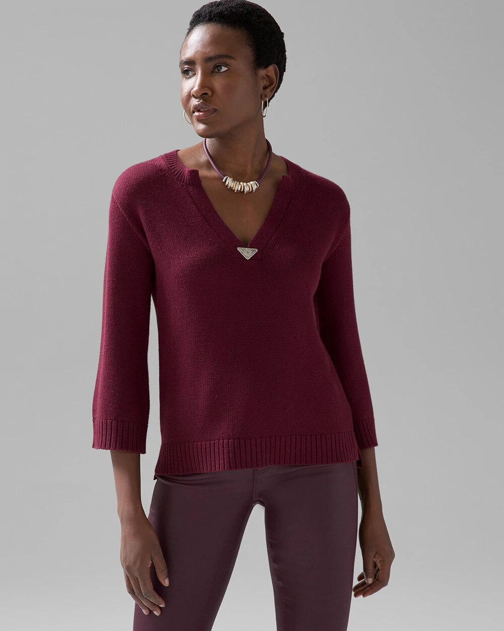 Elbow Sleeve V-Neck Pullover | White House Black Market