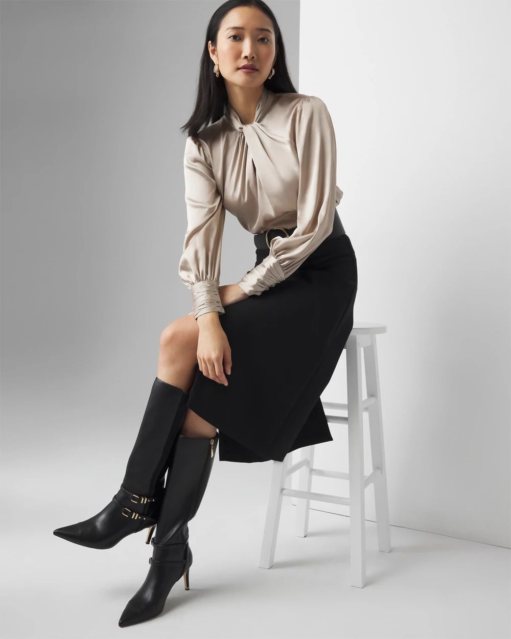 Long Sleeve Twisted Neck Satin Blouse | White House Black Market