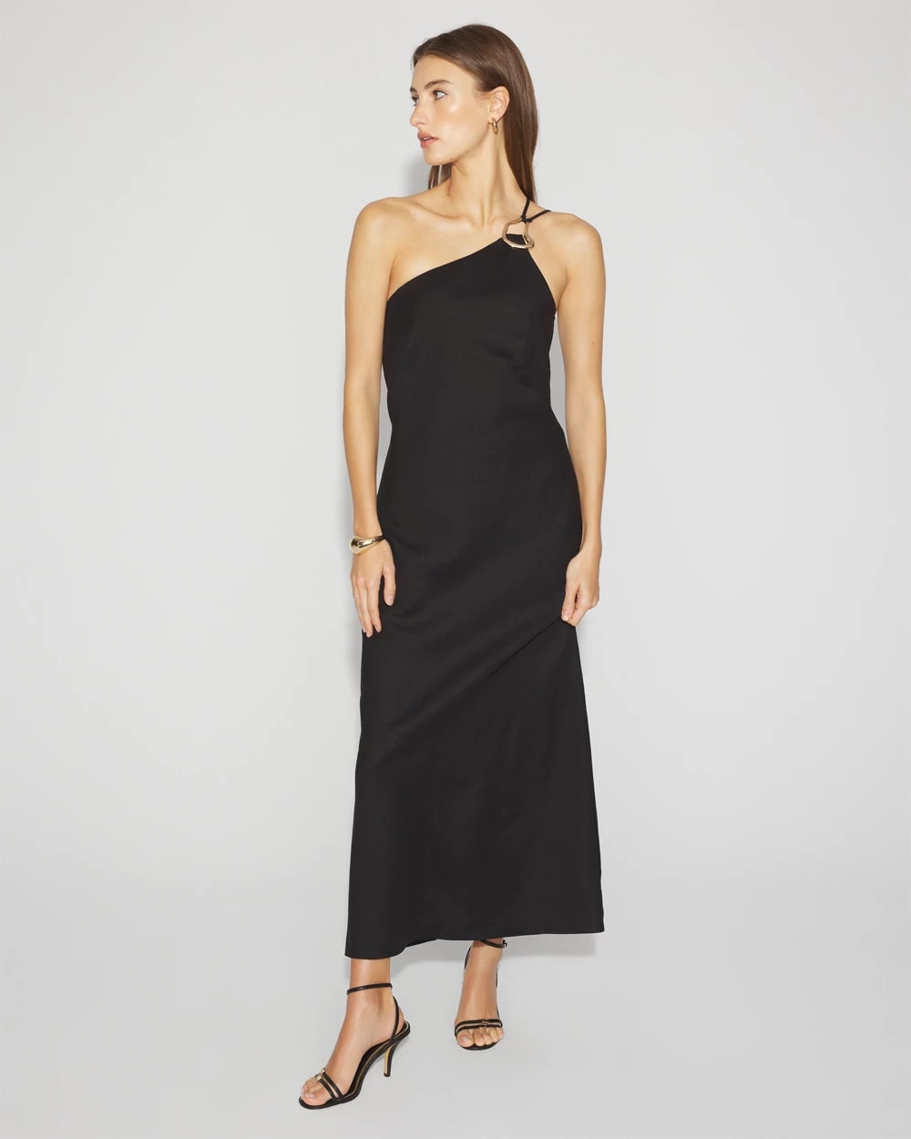 Linen-Blend One-Shoulder Column Dress | White House Black Market