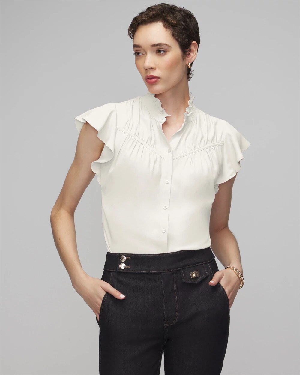 Short Sleeve Flutter Sleeve Shell Top | White House Black Market