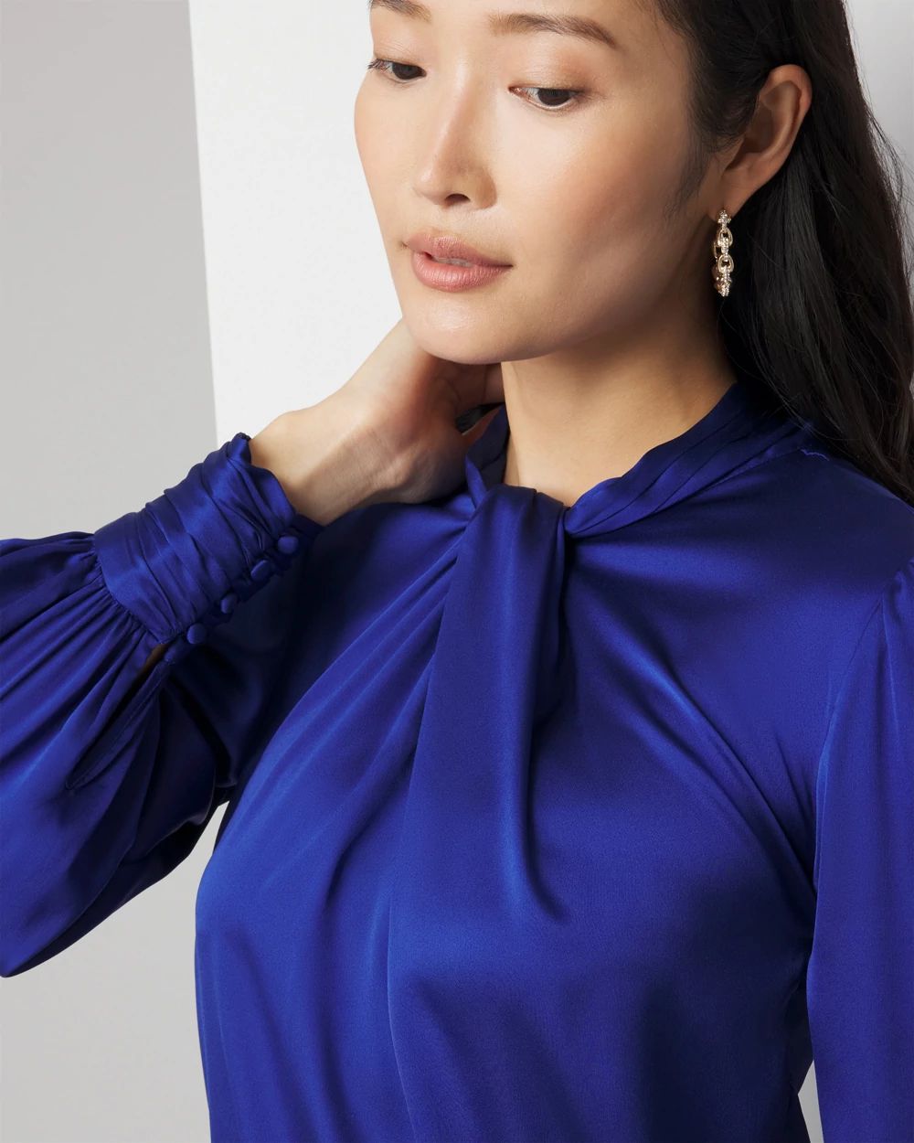 Long Sleeve Twisted Neck Satin Blouse | White House Black Market