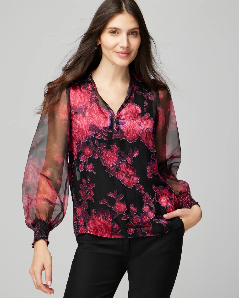 Organza Sleeve Silk Burnout Blouse | White House Black Market