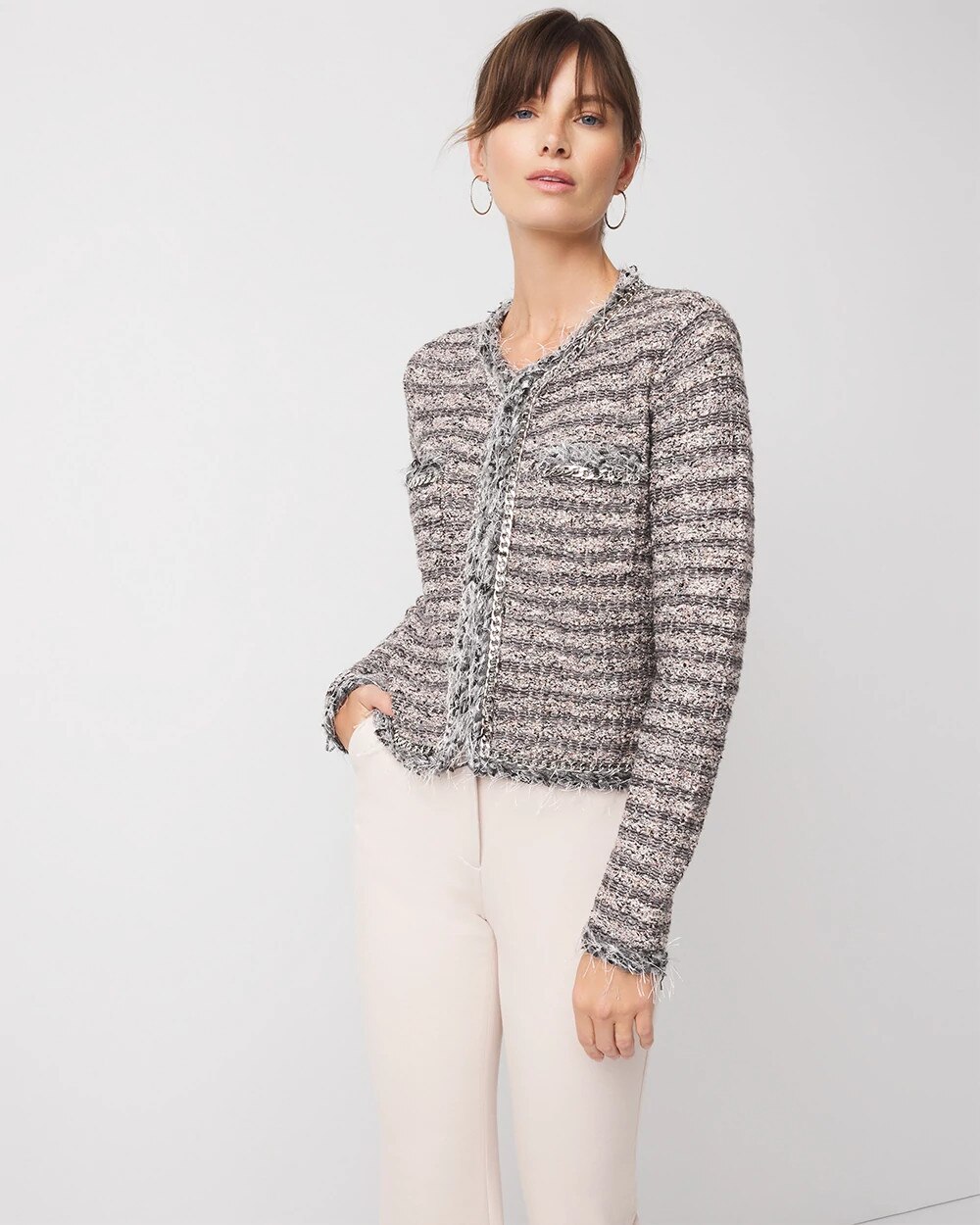 Chain-Trim Tweed Sweater Jacket | White House Black Market