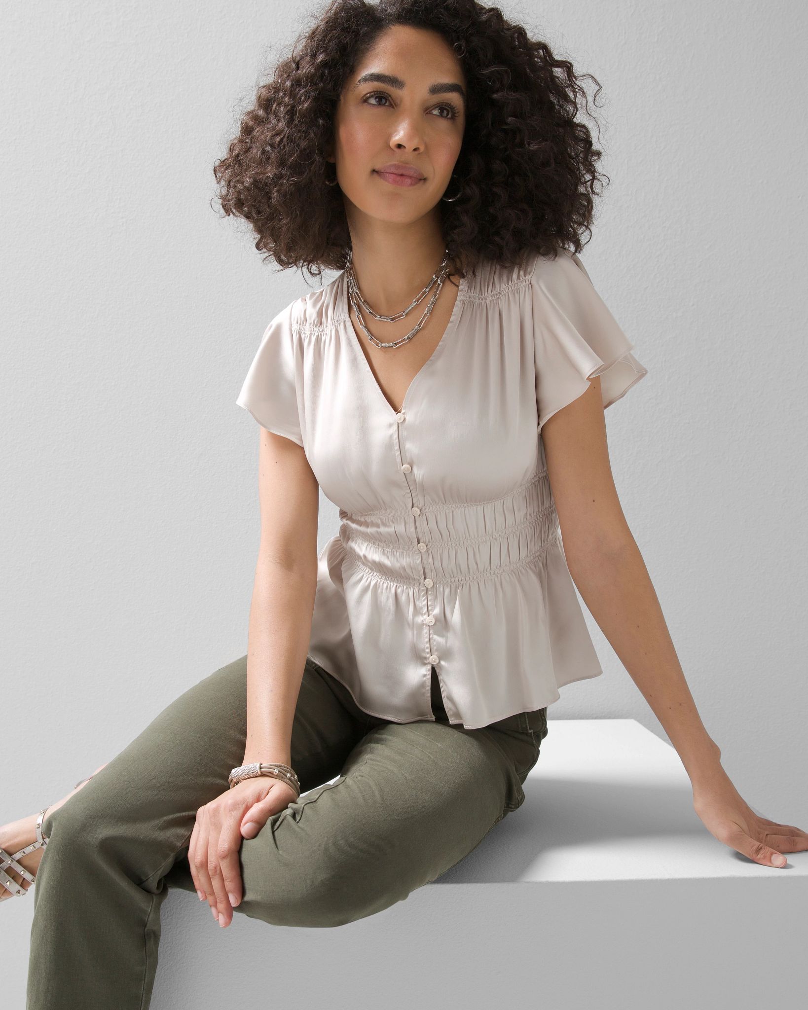 Smocked Flutter-Sleeve Blouse | White House Black Market