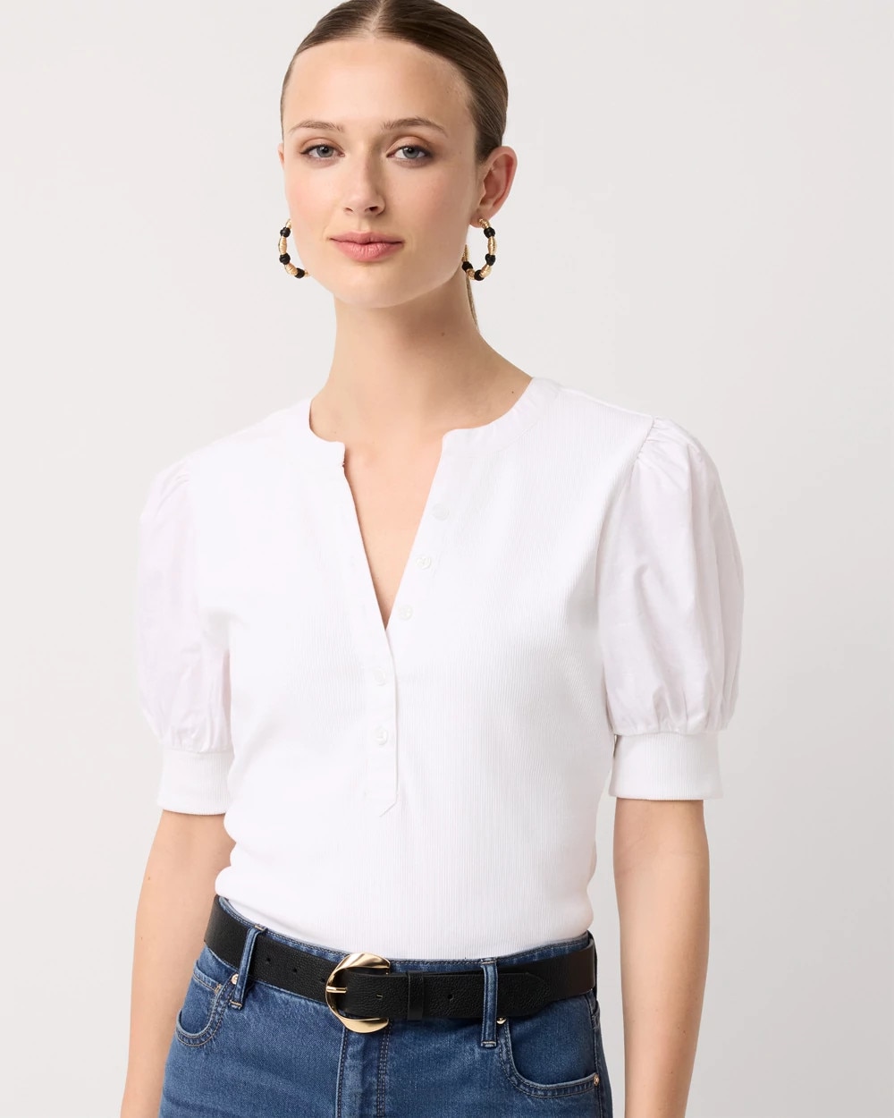 Poplin Puff Sleeve Henley Top | White House Black Market