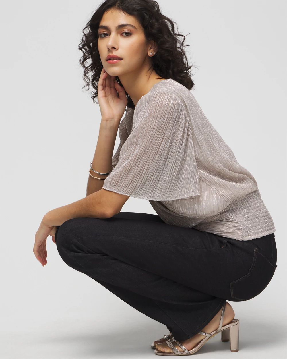 Metallic Mesh Banded Bottom Top | White House Black Market