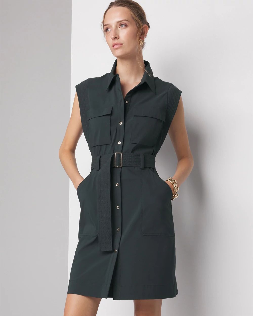 Petite Cap-Sleeve Utility Mini Shirt Dress | White House Black Market