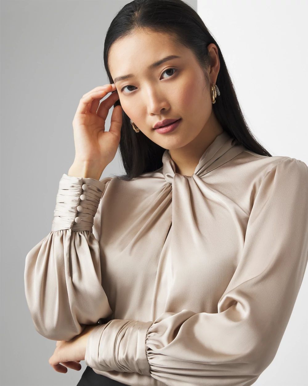 Long Sleeve Twisted Neck Satin Blouse | White House Black Market