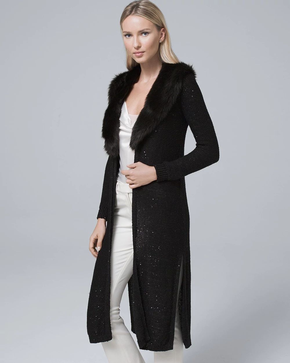 Sequin-Detail Duster with Removable Faux Fur Collar | White House Black ...