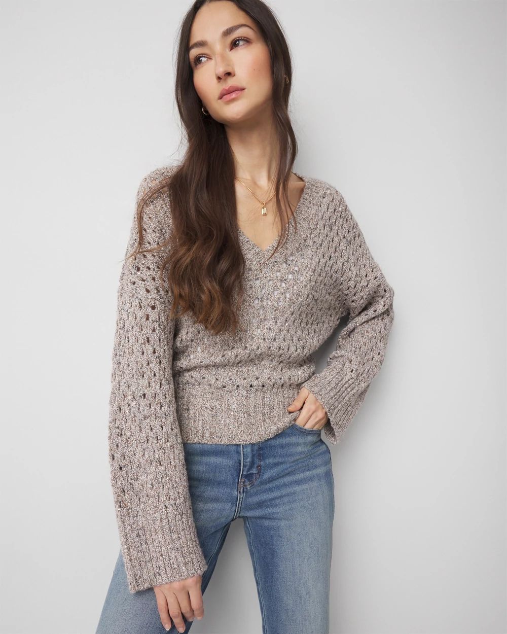 V-Neck Open Stitch Sequin Sweater | White House Black Market