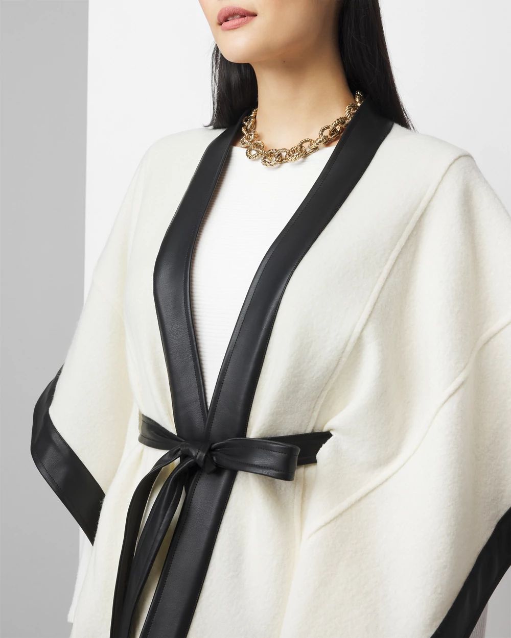 Wool Blend Ruana with Faux Leather Trim | White House Black Market